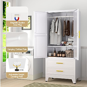 GAIOUS Metal Wardrobe Cabinet with Hanging Rod, 71" Metal Clothing Storage Cabinets with 2 Door, 1 Adjustable Shelf and 2 Drawers, Steel Armoire Wardrobe Closet for Bedroom, Gym, Cloak Room (White)