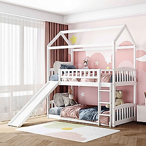 DNYN Twin Size Loft Bed with Slide for Kids Bedroom,Twin-Over-Twin House Shaped Bunkbeds w/Safety Guardrails & Roof Design,Easy Assemble & No Box Spring Need & Space Saving Design, White
