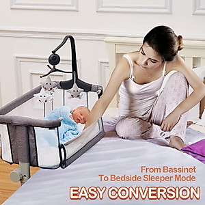Babevy Baby Bassinet Bedside Sleeper Bedside Crib, Crib Adjustable Height Portable Bassinet with Wheels and Music Box for Newborn Baby, Mattress and Travel Bag Included, Linen-Grey
