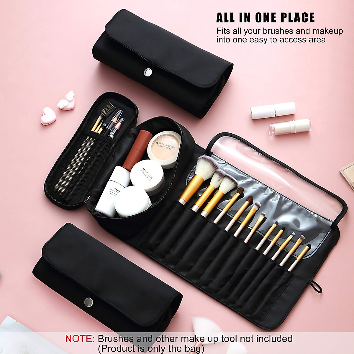 Longjet Makeup Brush Organizer Case Portable Roll Travel Accessories with Brushes Holder Dividers and Cosmetics Storage Bag (A, Black)
