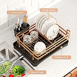 XILIDIA Dish Drying Rack with Drainboard, Aluminum Rust Proof Dish Dryer Rack with Removable Cutlery Holder and Drain Strainers for Kitchen Counter