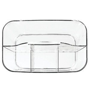 mDesign Plastic Makeup Storage Organizer Caddy Tote, Divided Basket Bin, Handle for Bathroom, Holds Eyeshadow Palettes, Nail Polish, Brushes, Shower Essentials, Small, Lumiere Collection - Clear