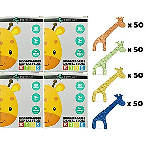 EcoFrenzy Kids Floss Picks 200 COUNT (4 packs of 50 Flossers) - BIODEGRADABLE Cornstarch - Strawberry Flavored