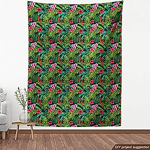 Ambesonne Exotic Fabric by The Yard, Hibiscus Plumeria Palm Leaves Monstera Tropic Amazonian Plants, Decorative Fabric for Upholstery and Home Accents, 1 Yard, Green Pink