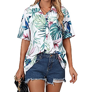 ASTANFY Hawaiian Shirt Women Hawaii T-Shirt Tropical Floral Printed V Neck Shirts Soft Cool Summer Beach Button Up Blouse Green