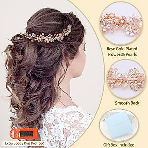 Ammei Headpiece Wedding Headband Tiara Flower Leaves Design Hair Vine With Pearls And Rhinestones (Rose Gold)