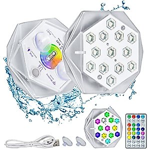 Pool Lights, Rechargeable Submersible LED Lights with Suction Cups & Remote Control IP68 Waterproof Pool Lights for Above Ground Pools 16 Color Underwater Lights for Pool Pond Hot Tub Aquarium(1 Pack)