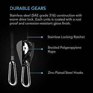 AC Infinity, Adjustable 1/8” Rope Hanger, Heavy-Duty Stainless Steel Gears Ratchets, 150 lbs Weight Capacity, 6 Pairs