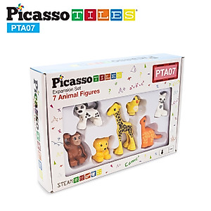 PicassoTiles 7pc Magnetic Animal Action Figure Set for Magnet Building Block Educational STEM Learning Kit Construction Toy Pretend Playset Child Brain Development HandEye Coordination Training PTA07