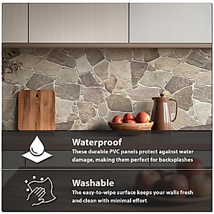 CONCORD WALLCOVERINGS ™ 5 Pack 3D Faux Brick Wall Panels, Beige Grey Wild Stone, Lightweight 38.7" x 25" (98.3 cm x 63.5 cm) PVC Sheets, Decorative Tiles for Living Room, Kitchen - Covers 33.59 Sq Ft