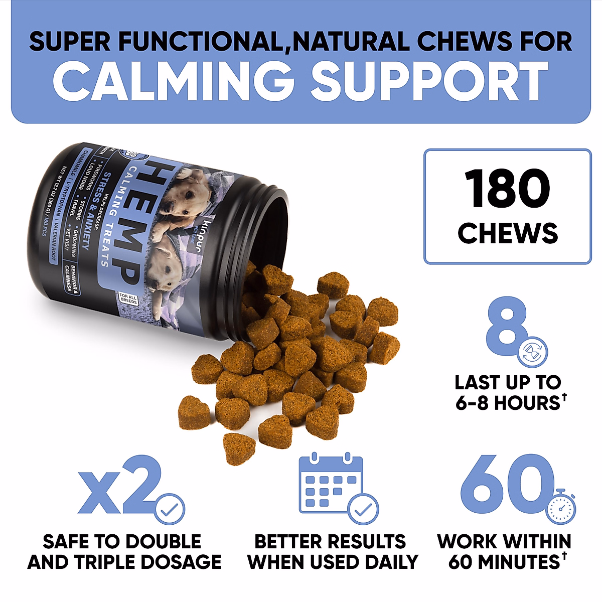 Kinpur Pet Care Calming Chews for Dogs with Hemp Oil - Aid During Thunderstorms, Separation, Car Rides - Hip and Joint Health - Tasty Dog Calming Treats, 180 Peanut Butter Flavored Chews