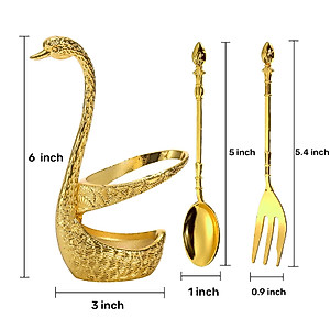 Pumtus 14 Pack Swan Base Holder with Coffee Spoon Forks, Gold Creative Dessert Flatware Set, Decorative Party Golden Serving Teaspoons for Stirring, Mixing, Sugar, Ice Cream, Fruit, 6 Spoons, 6 Forks