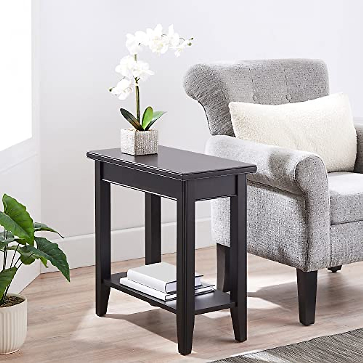 Leick Home Laurent 12 in. Narrow End Side Table, Solid Wood with Shelf, Black, 10505-BK