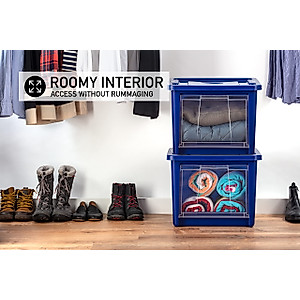 Rubbermaid Medium All-Access Tote with Lids, Pack of 2, Stackable Storage Bins with Clear Drop-Down Door and Carry Handles, Closet Organization Containers, Blazer Blue With Clear Door