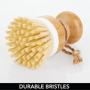 mDesign Bamboo Wood Round Mini Palm Scrub Brush with Holder for Kitchen Sink, Bathroom, Household Cleaning - Wash Dishes, Pots, Pans, Vegetables - Echo Collection - White/Natural