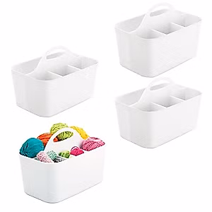 mDesign Plastic Portable Craft Storage Organizer Caddy Tote, Divided Basket Bin with Handle for Crafts, Sewing, Art Supplies - Holds Brushes, Colored Pencils - Lumiere Collection - 4 Pack - White