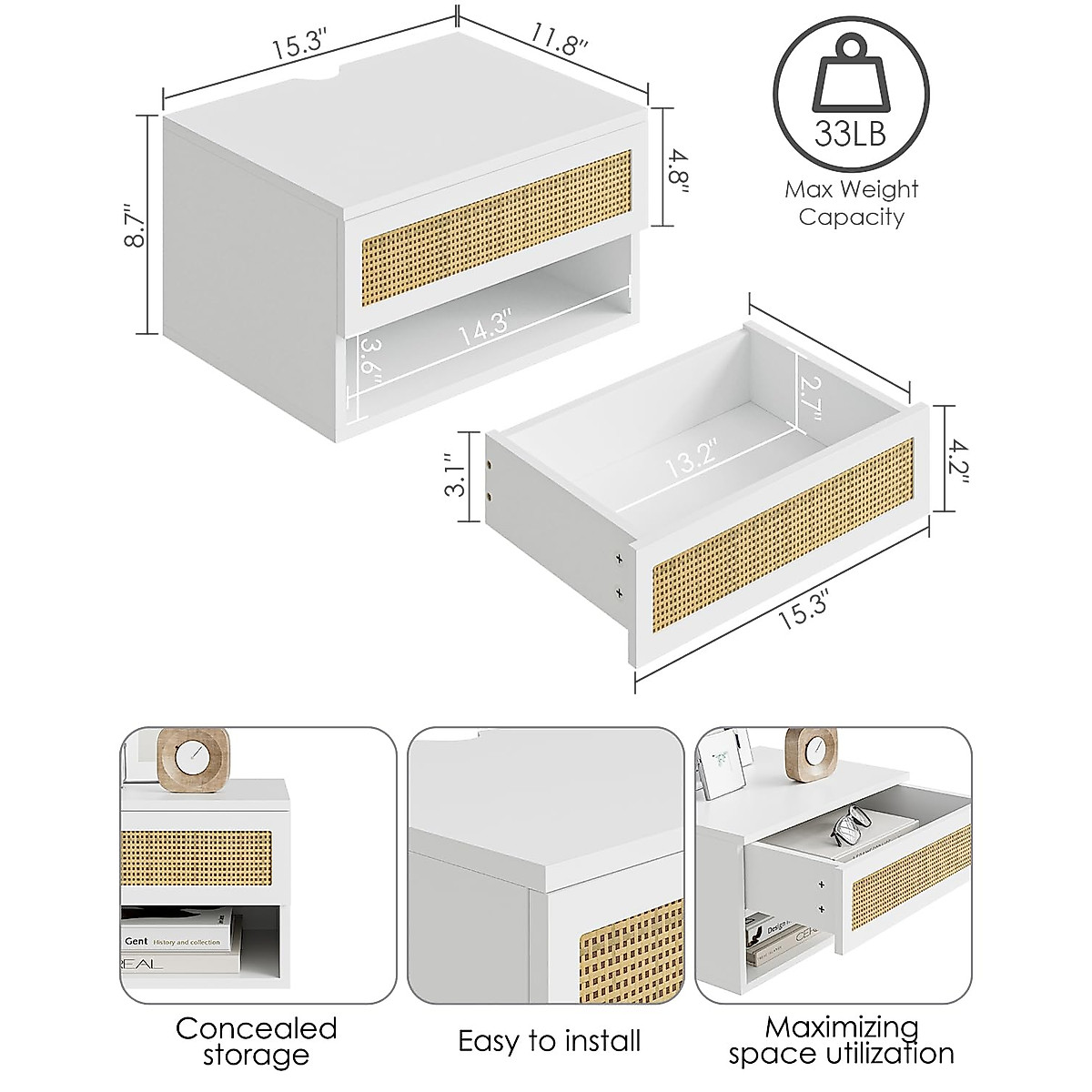 Floating Nightstand, Small Modern Floating Nightstand with Drawer, Floating Shelves for Bedroom, Bathroom (White Rattan)