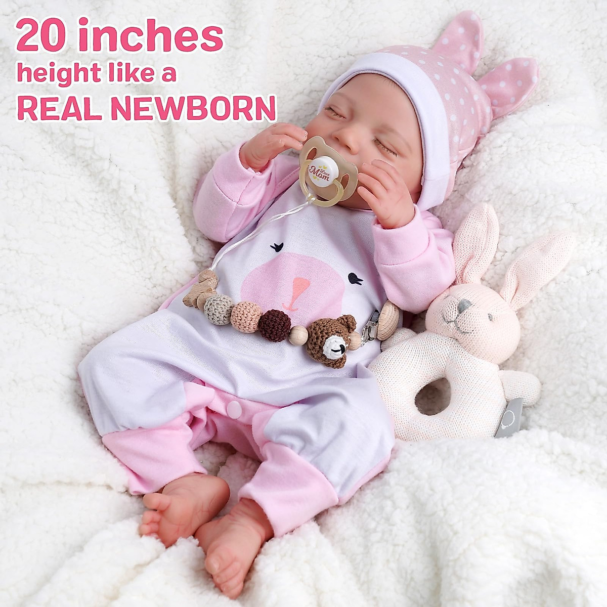 BABESIDE Lifelike Reborn Baby Dolls - 20-Inch Sweet Smile Real Life Realistic-Newborn Full Body Vinyl Sleeping Baby Girl with Toy Accessories Gift Set for Kids Age 3+