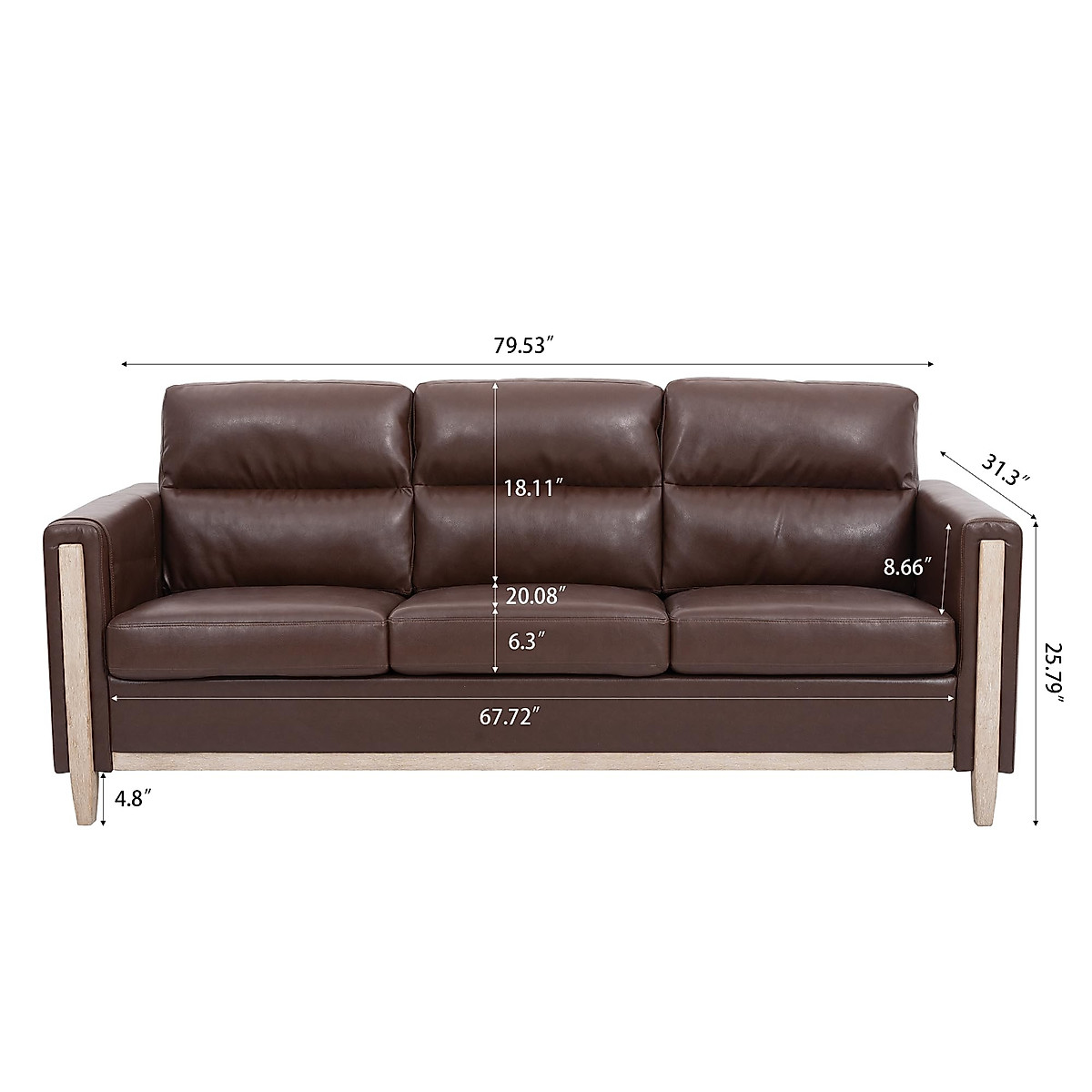 79.5" PU Leather Sofa Couch, 3 Seater Sofa Couch with Side Pocket, Modern Upholstered Comfortable Sofa Solid Wood Soft Cushions, Durable and Long-Lasting, Sofa Couch for Living Room