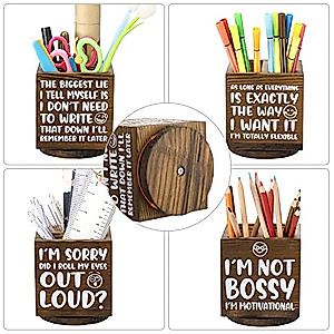 Wooden Spinning Pen Holder for Desk I'll Remember It Later Pencil Holder Cute Organizer Funny Desk Decor Pencil Case Art Supply Storage Box for Home Office (Brown)