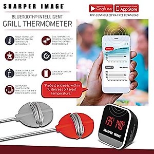 SHARPER IMAGE Bluetooth Smartphone Grill Thermometer, iOS/Android Capability W/App, Meat Probes Plus Pairing Indicator Ensure Doneness, Easy Read Digital Display, Heat Resistant, Great for BBQs/Oven