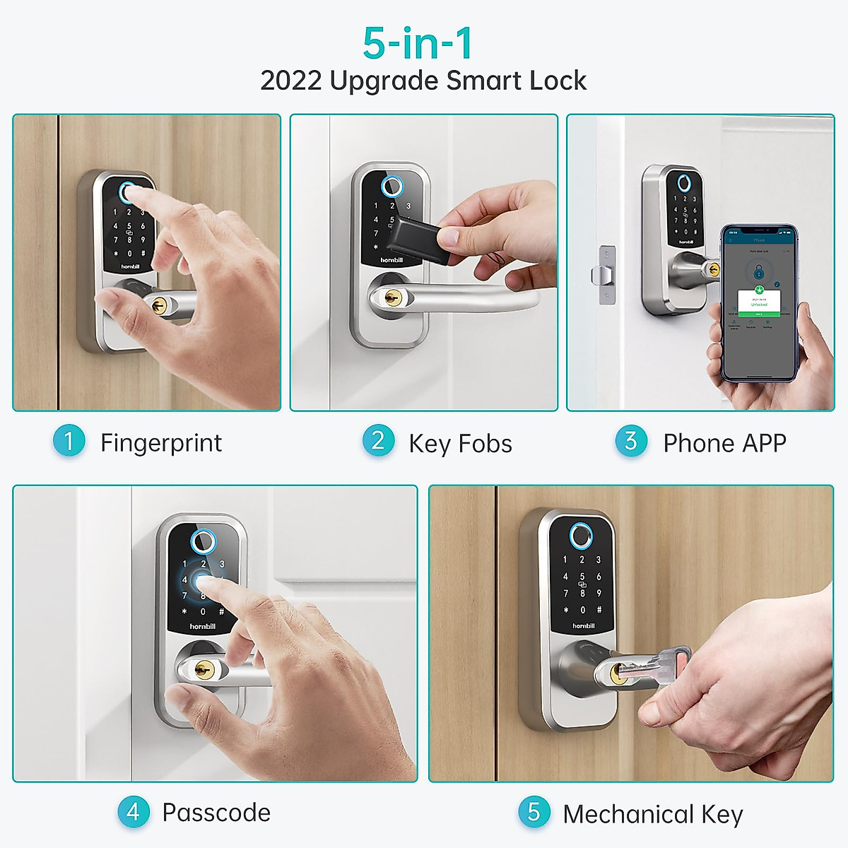 Fingerprint Smart Door Lock with Handle - Hornbill Keyless Entry Door Lock with Lever - Smart Electronic Digital Front Door Keypad - Auto Lock Code App Fob Alexa for Apartment Office - Silver