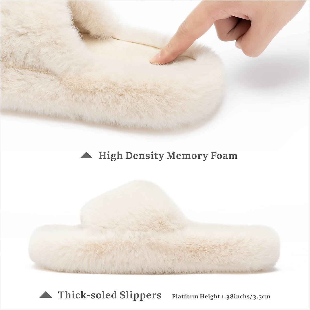 Chantomoo Women's Slippers Memory Foam House Bedroom Slippers for Women Fuzzy Plush Comfy Faux Fur Lined Slide Shoes Anti-Skid Sole Trendy Gift Slippers Beige Size7 8 6.5