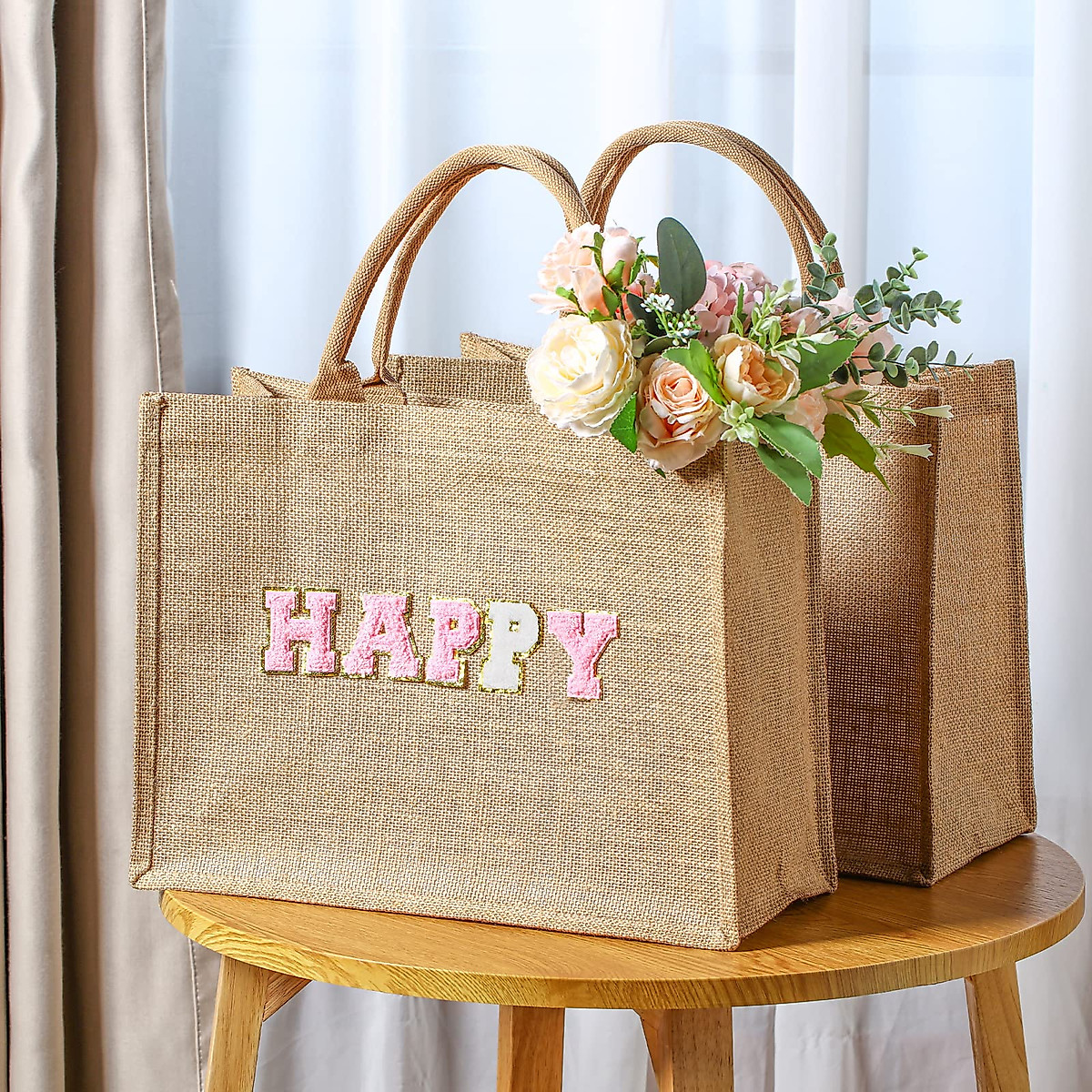 6 Pcs Burlap Jute Tote Bags Bulk Bachelor Party Large Blank Burlap Bags with Handles 6 Pairs Heart Shaped Glasses White Heart Glasses 2 Sets A-z Iron on Letter Patches Glitter Border Repair Patches