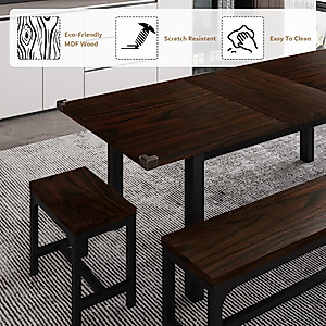 iPormis 5-Piece Dining Table Set for 4-8 People, Extendable Kitchen Table Set with 2 Benches and 2 Square Stools, Mid-Century Dining Room Table with Metal Frame & MDF Board, Saving Space, Espresso