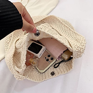 Women's Crochet Tote Bag Knitted Shoulder Crossbody Handbags Aesthetic Shopping Bag Cute Purses Crocheted Hobo Bag(White)