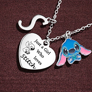 Stitch Necklace with Initial Letter Necklace A-Z Letter Ohana Necklace Stitch Birthday Gifts for Women Gifts for Daughter Sister Niece Friends (Letter S)