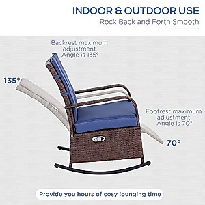 Outsunny Outdoor Rattan Wicker Rocking Chair Patio Recliner with Soft Cushion, Adjustable Footrest, Max. 135 Degree Backrest, Blue