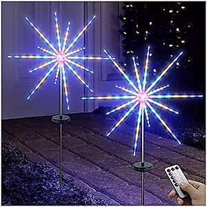 DenicMic Solar Firework Meteor Lights 2 Pack Outdoor Solar Garden Decorative Starry Starburst Lights with Remote, 8 Modes Landscape Path Lights for Patio Yard Christmas Decor (Multicolor)