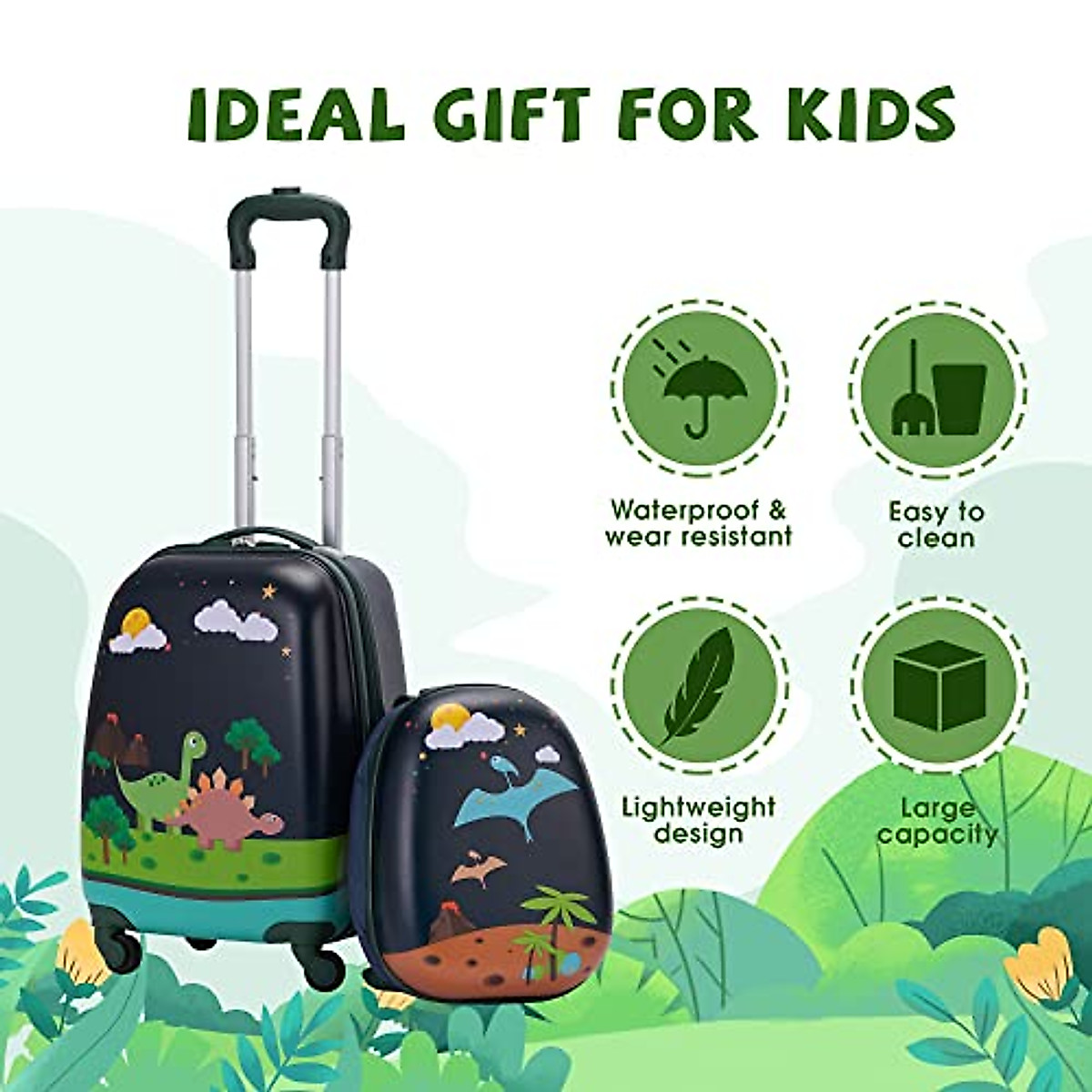 VLIVE Kids Luggage Set for Boys, 12” Backpack on Carry on Luggage for Kids, Travel Suitcase with Wheels for 3-5 years old, Dinosaur