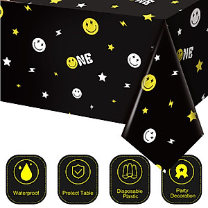 4 Pieces One Happy Dude Birthday Party Tablecloths Smile Face Tablecloth Party Decoration 54 x 108 Inch Rectangle Plastic Tablecloth Decoration Holiday Party Supplies