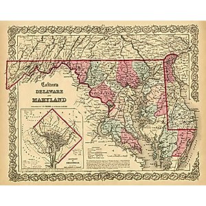 1859 Map of Delaware and Maryland District of Columbia United States Travel Vintage Poster Repro 11" X 14" Image Size SHIPPED ROLLED