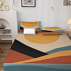 Abstract Sun Sheets Full Size, Boho Bed Sheets, Patterned Bedding Sheets & Pillowcases 4 Piece Set - Soft Microfiber Deep Pocket Fitted Sheet & Flat Sheet & 2 Pillow Cases F3-&-104