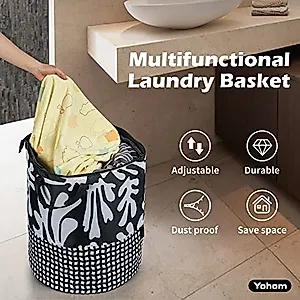 YOHOM Round Laundry Basket with Zipper, Adjustable Clothes Hamper Stand-up Hamper Retractable Laundry Bag for College Dorm, Bedroom, Bathroom, Kids Room (Black Floral, Large)