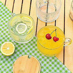 Qmioti Vintage Glass Coffee Mugs 4 Pack, 14 oz Glass Coffee Tea Cups with Lid and Golden Spoons, Clear Embossed Glass Cup Sets for Latte, Cereal, Cappuccino, Yogurt, Milk, Beverages and Cute Gifts