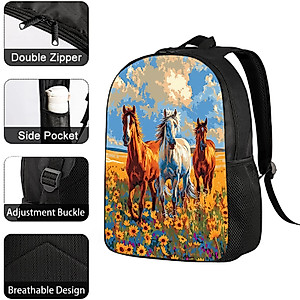 UIACOM Horse Backpack Three Horses with Yellow Floral Flower Bookbag for Teens Kids Boys Girls, Large 17 inch Elementary Junior High University School Bag, Beautiful Horse Art