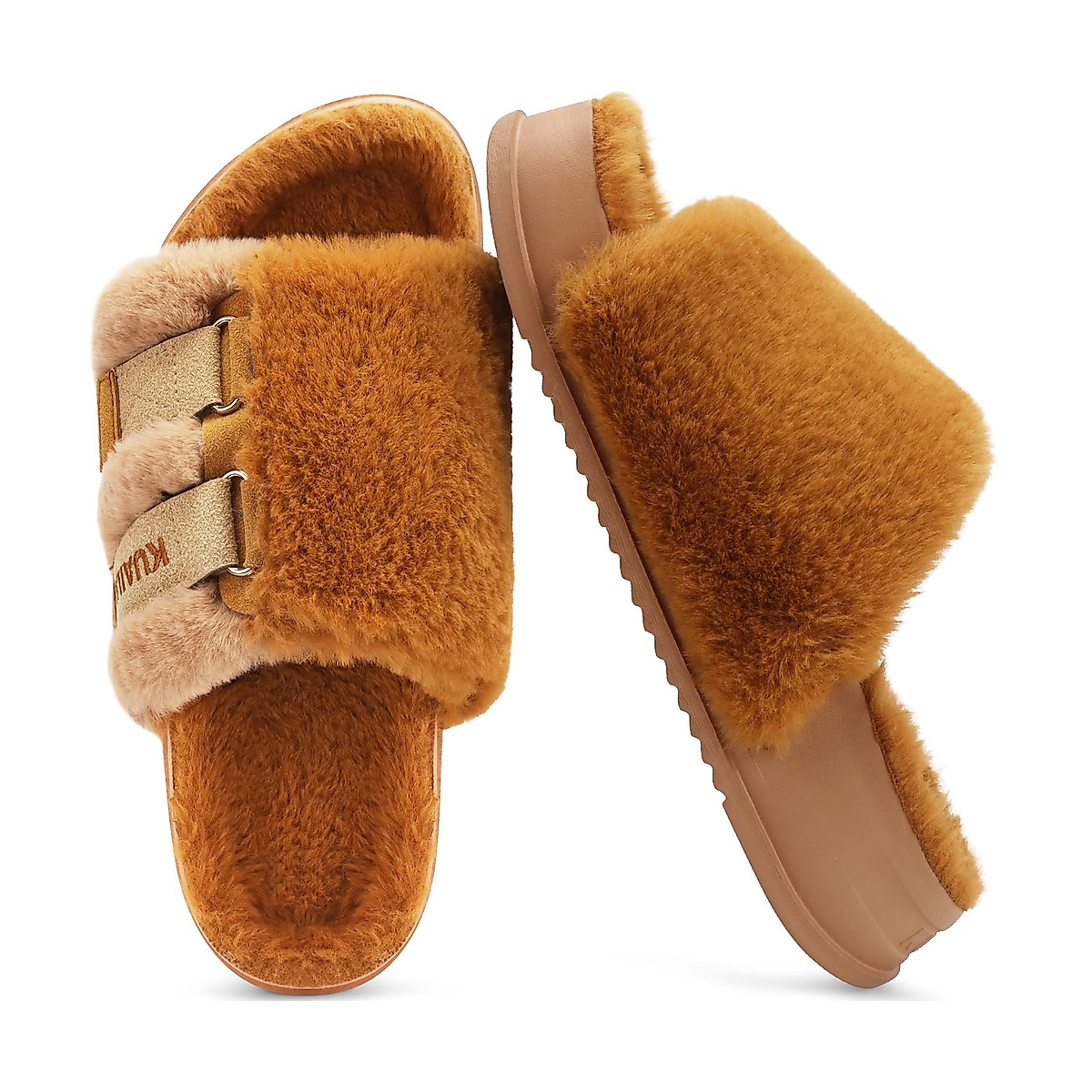 KuaiLu Womens Fuzzy Platform Open Toe Slippers with Arch Support Fluffy Furry Slides Orthotic Faux Fur Sandals house Indoor Outdoor Camel Size 9