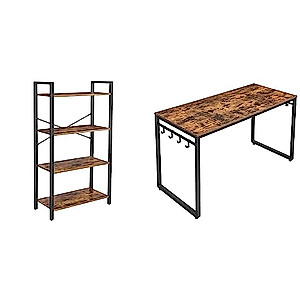 VASAGLE Bookshelf, 4-Tier Shelving Unit, Bookcase, Book Shelf, 11.8 x 25.9 x 47.2 Inches, Rustic Brown + Black & Computer Writing Desk, 55 Inch Office Study Table, Work from Home, with 8 Hooks