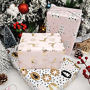 LDGOOAEL Mini Short Small Christmas Wrapping Paper Roll with Cut Lines on Reverse (17" X 120" Per Roll) - Pink Gift Wrap with Christmas Deer&Tree Design for Holiday, Birthday, Wedding, Baby Shower