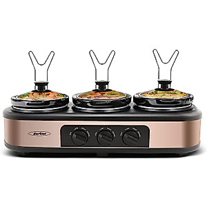 Slow Cooker, Dual Slow Cooker Black and Copper Triple Slow Cooker Buffet Server Multiple Pot Food Warmer, Slow Cooker Buffet Food Warmer Adjustable Temp Lid Rests Stainless Steel