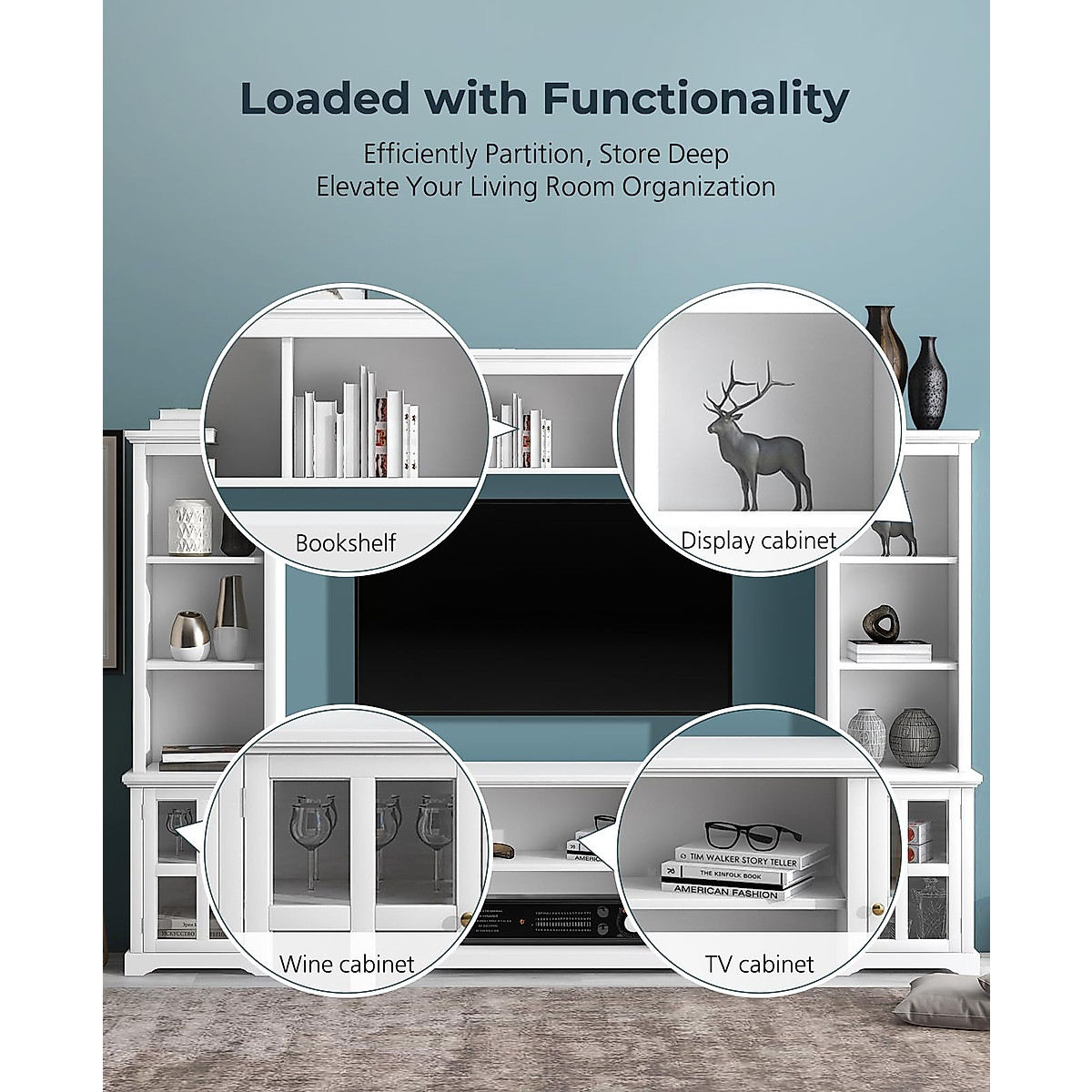 Tatub Large Entertainment Center with Bookshelves and TV Cabinet, Modern TV Console Cabinet, 66.5 Inches Wide for TV Placement, Living Room Entertainment Center with Storage for Up to 70" TVs, White