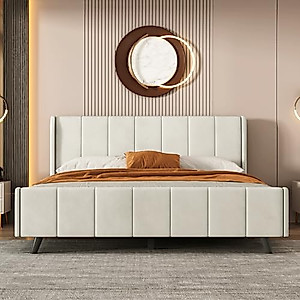 WOXYX Queen Size Velvet Upholstered Platform Bed Frame with Headboard and Strong Wooden Slats,Beige