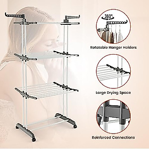 GOFLAME 4-Tier Clothes Drying Rack, Collapsible Clothes Horse Rack with Rotatable Side Wings and Foldable Shelves, Freestanding Garment Dryer Stand with Casters for Indoor and Outdoor Use