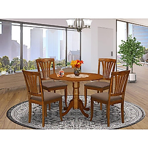 East West Furniture DLAV5-SBR-C 5 Piece Dinette Set for 4 Includes a Round Dining Table with Dropleaf and 4 Linen Fabric Dining Room Chairs, 42x42 Inch, Saddle Brown