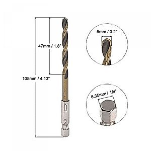 uxcell High Speed Steel Hex Shank Twist Drill Bit, 5mm Drilling Dia with 1/4 Inch Hex Shank 105mm Length