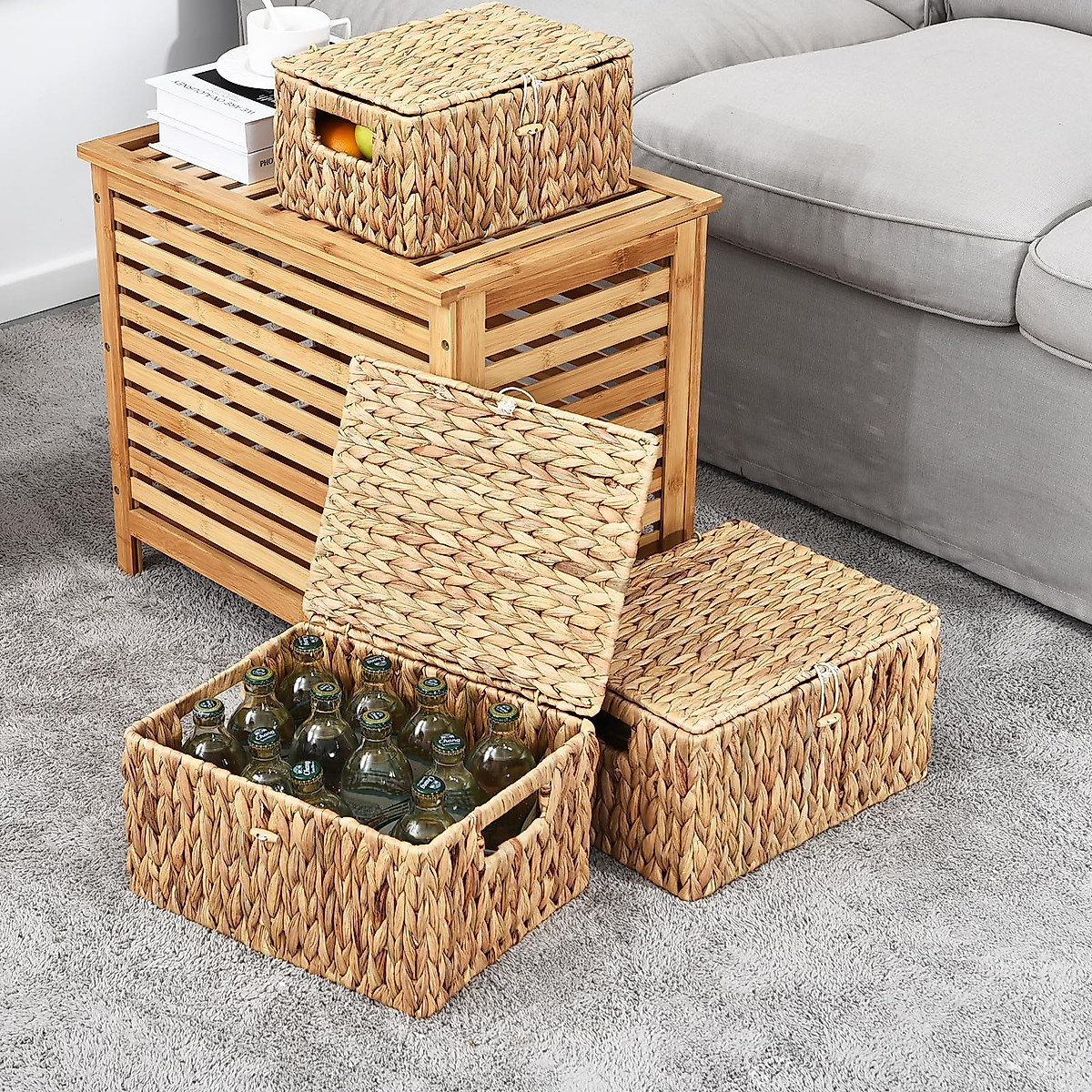 FairyHaus Wicker Storage Basket with Lid, Water Hyacinth Wicker Basket with Lid and Handles, Large and Small Wicker Baskets with Lids 2Pack, 13"x10"x7" & 11.2"x8.3"x5.7"